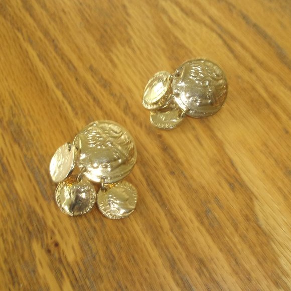 Jewelry | Clip Earrings Gold Tone Greek Mans Face Coins Dangles | Poshmark